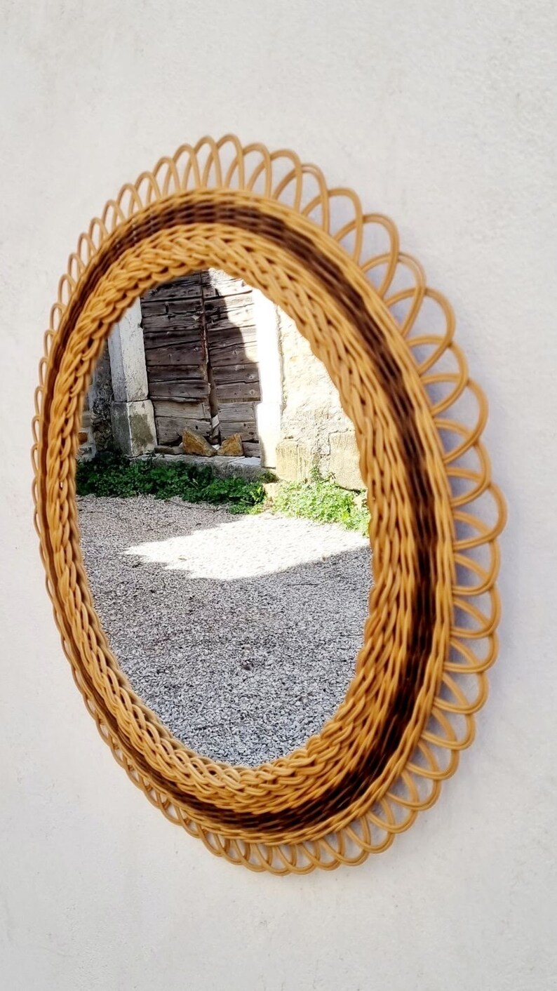 Mid Century Wall Mirror / Vintage Rattan Round Wall Mirror / Franco ...