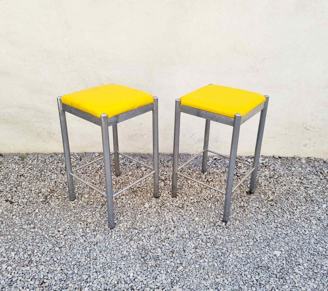Pair of Postmodern Bar Stools / Metal Chairs / High Stools / Metal Bar ...