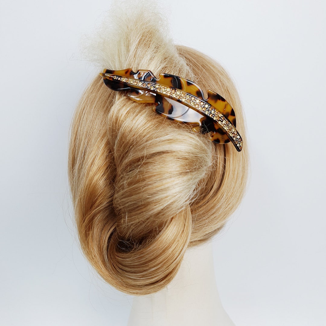 Leopard Marble Big Leaf Hair Comb Pin With Cubic Stone / Tortoise Shell ...