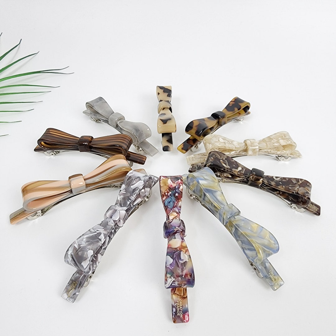 Bow Ribbon Hair Barrette (3.5 Inch) / Tortoise Marble French Hair Pin ...