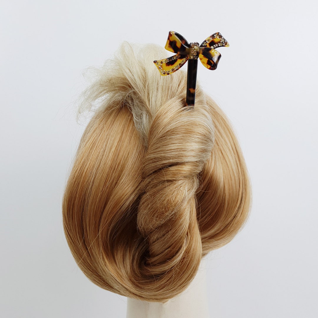 Leopard Double Ribbon Long Hair Stick With Cubic (7.3 Inch) / Tortoise ...