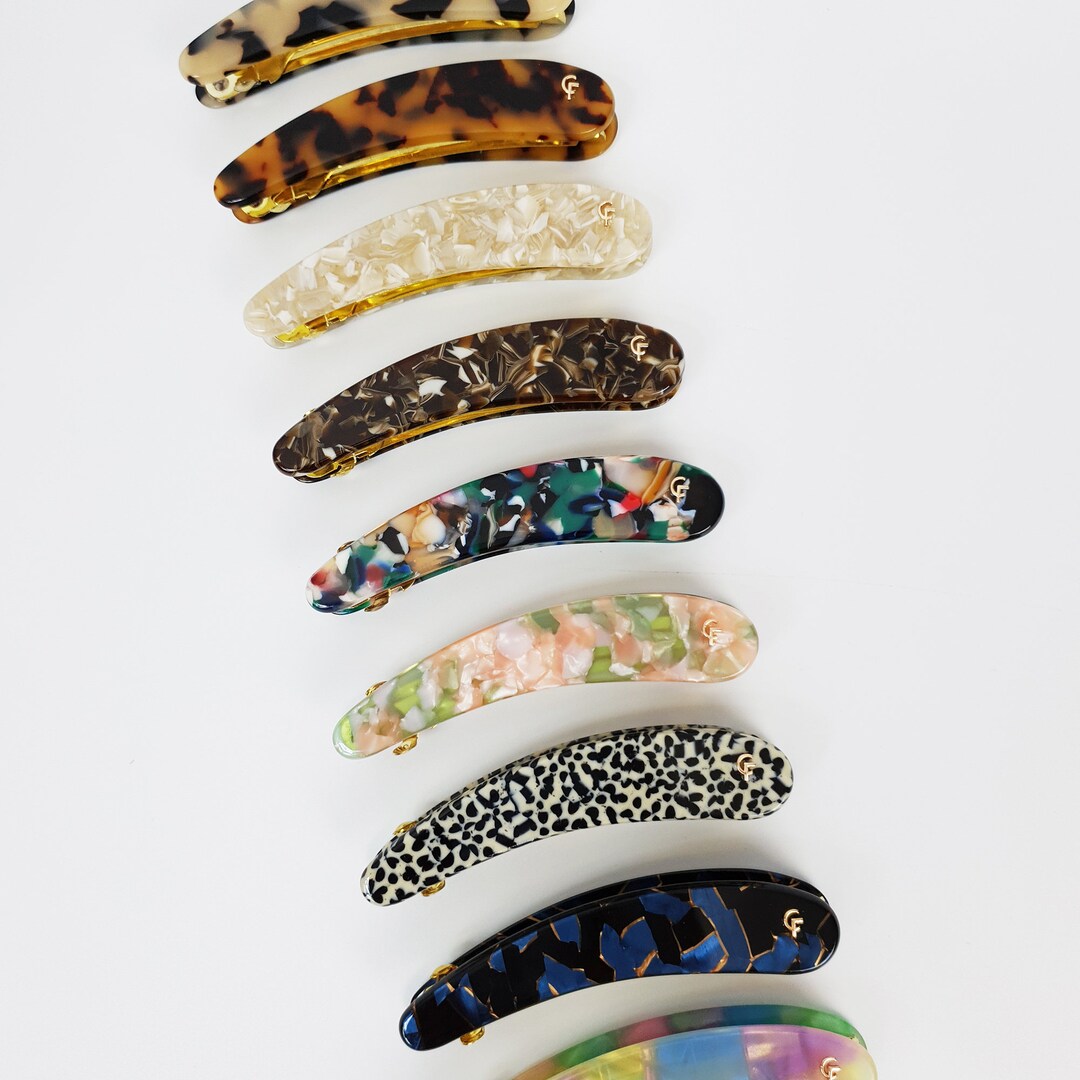 Leopard Long Slim Round Small Hair Barrette / Tortoise Shell Banana Pin ...