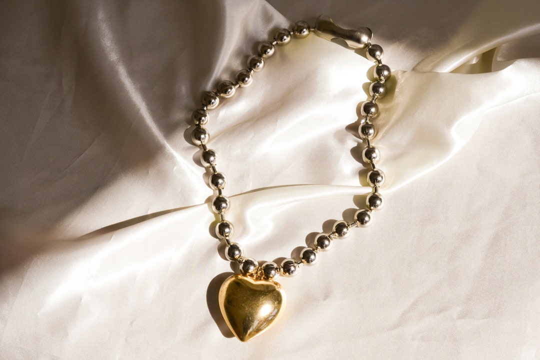 Gold Puffed Heart Necklace|ball Chain Necklace Choker Gold Chunky 3D ...