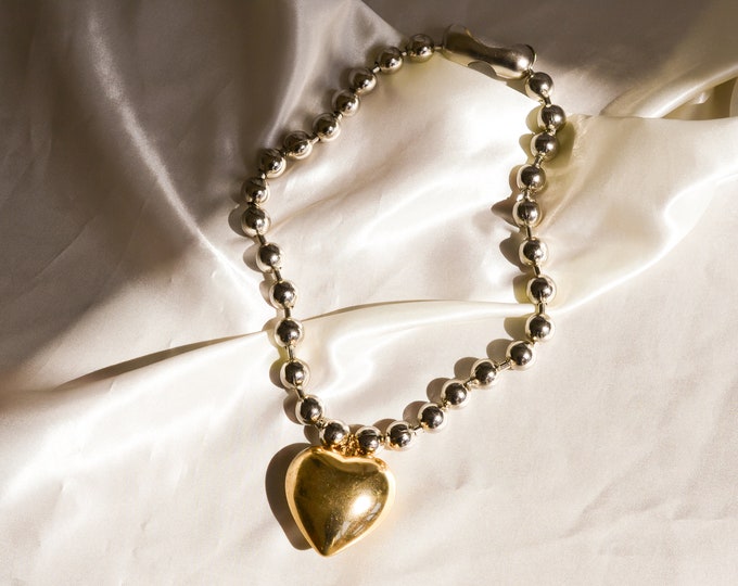 Gold Puffed Heart Necklace|ball Chain Necklace Choker Gold Chunky 3D ...