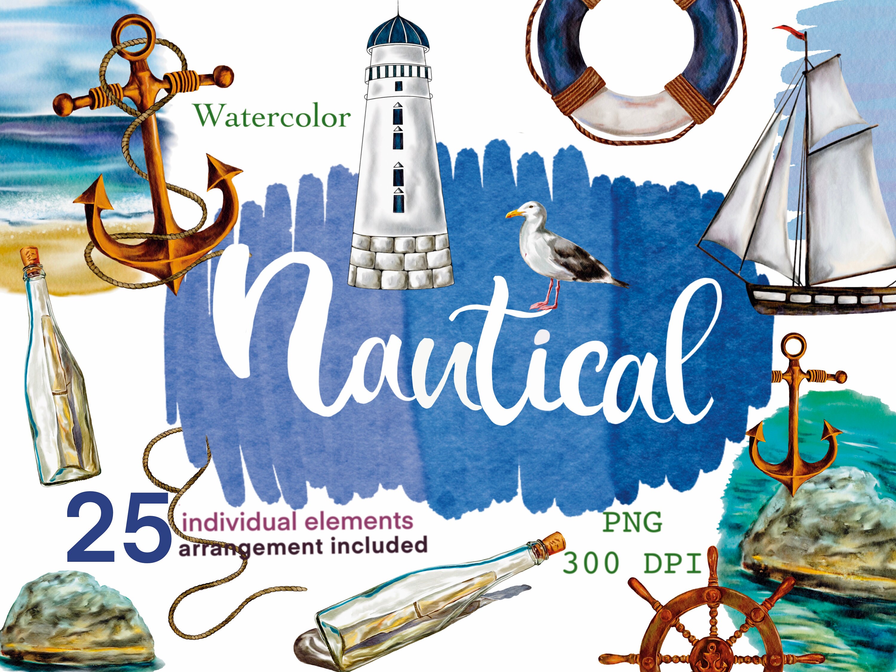Watercolor Nautical Collection Watercolor Marine Sea Nautical Clipart ...