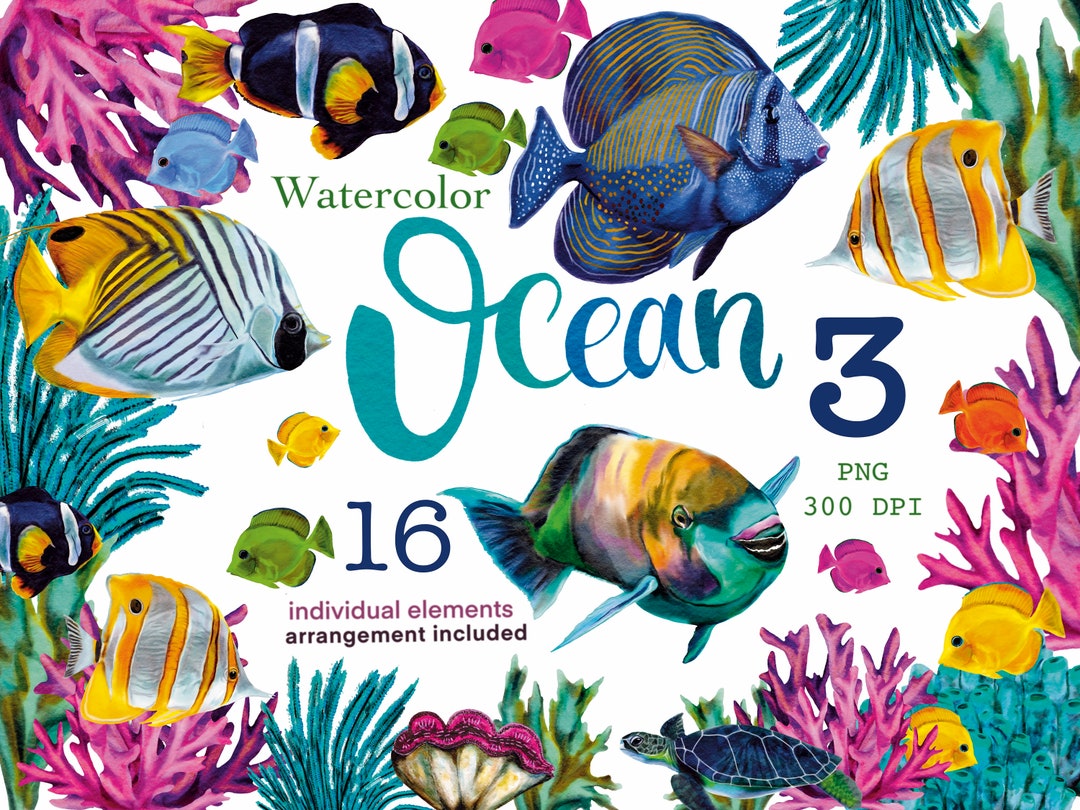 Watercolor Ocean Clipart, Watercolor Sea Life Clipart, Watercolor Ocean ...