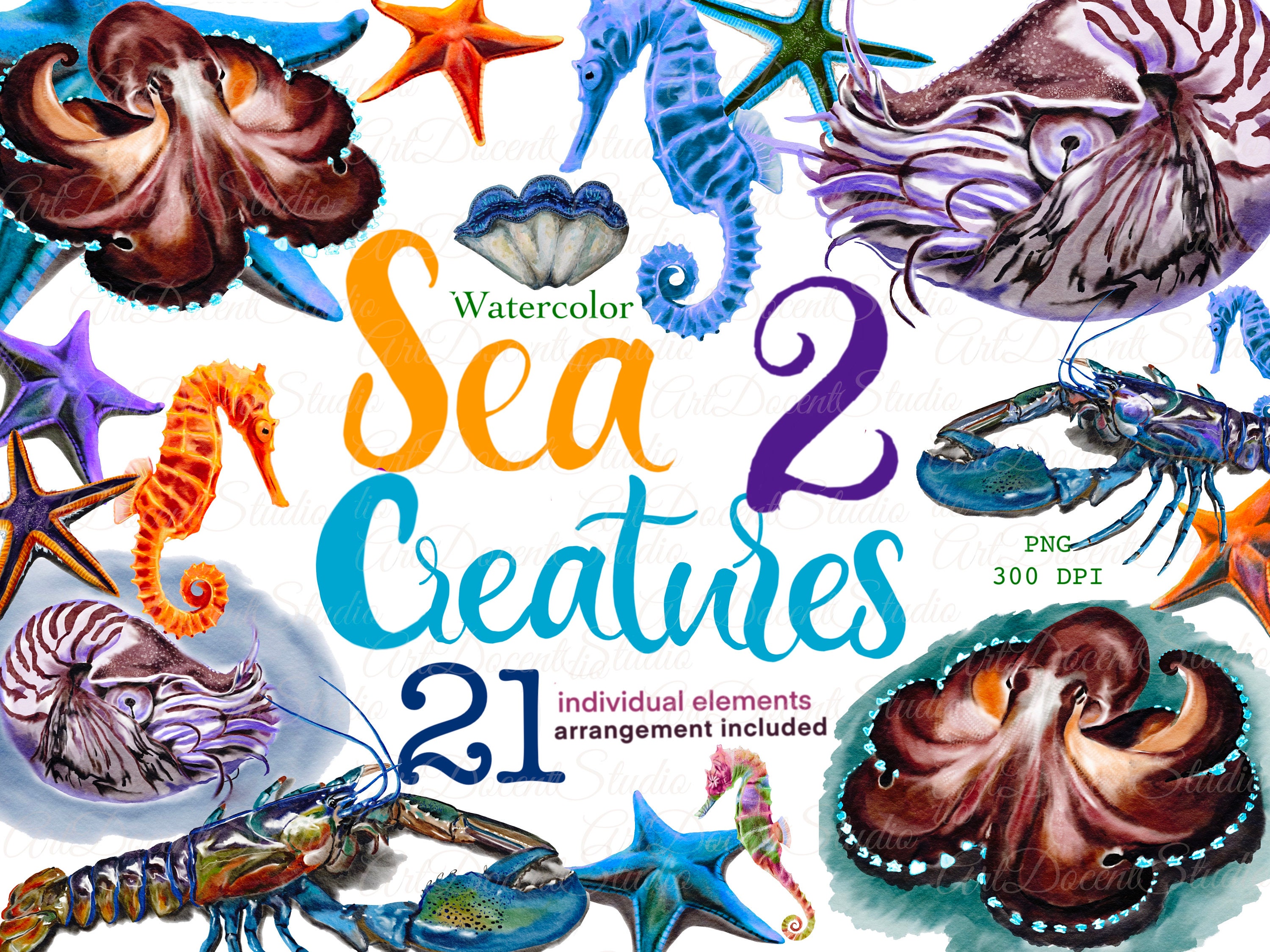 Watercolor Ocean Clipart Watercolor Sea Life Clipart - Etsy