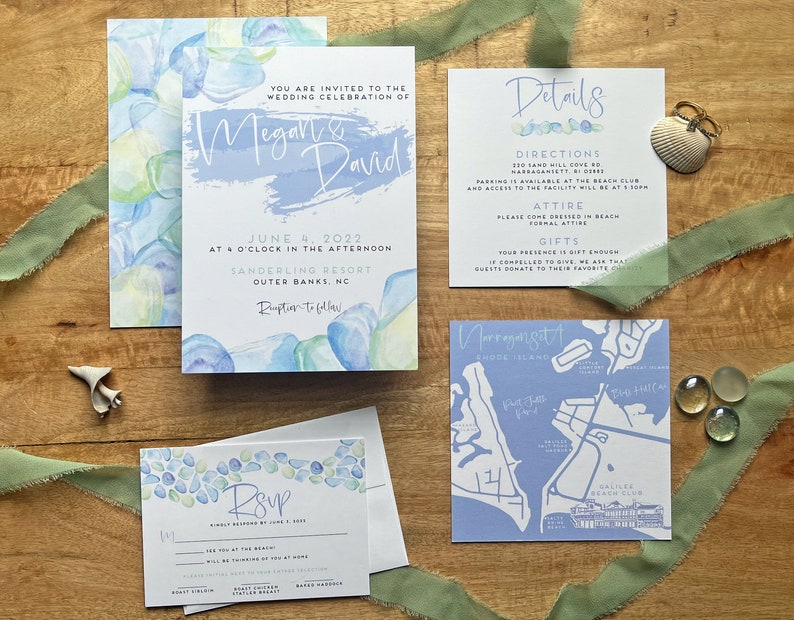 Sea Glass Watercolor Outer Banks North Carolina OBX Wedding Invitation ...