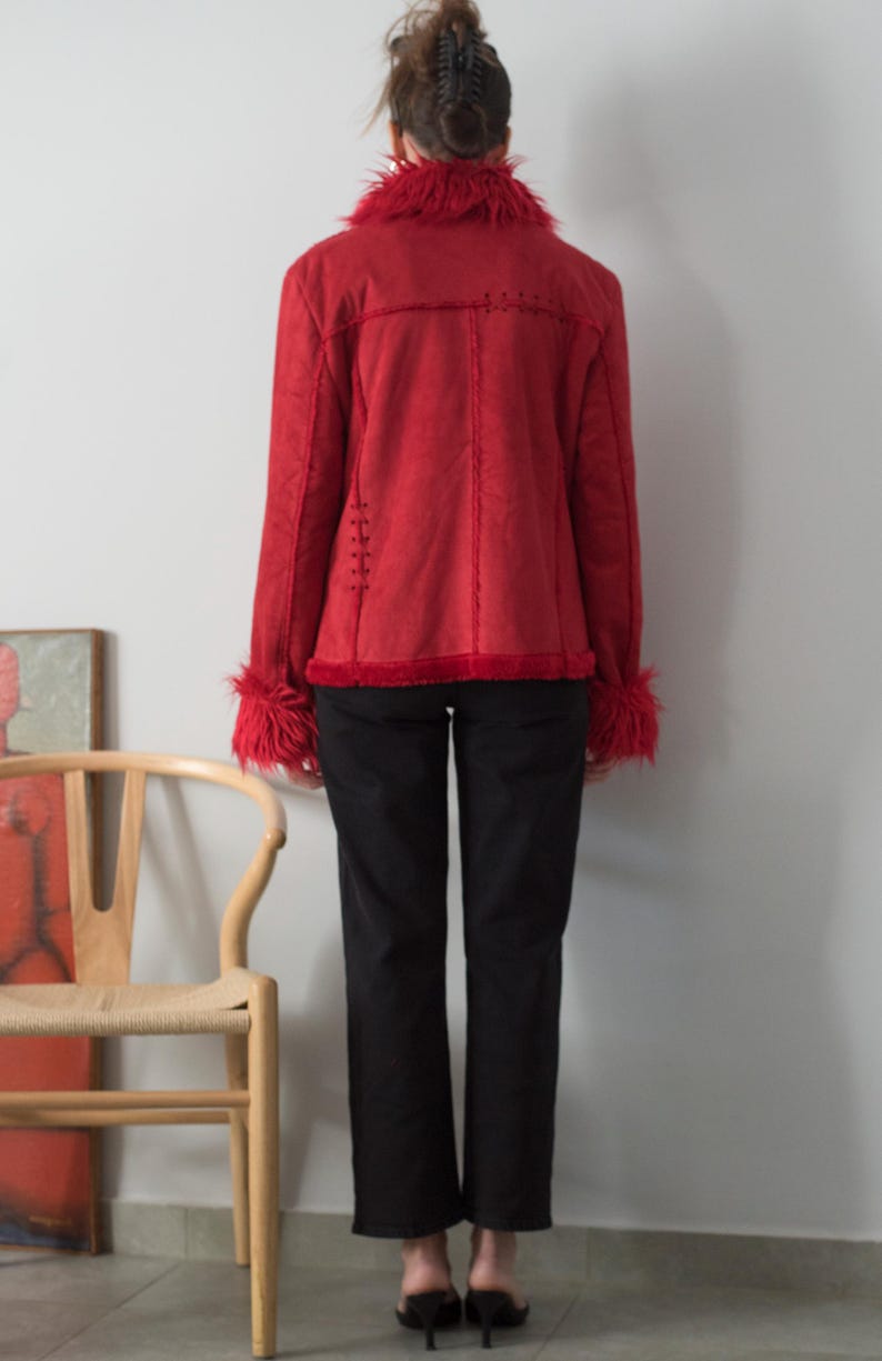 Y2K Red Shearling Jacket With Faux Fur Collar and Cuffs - Etsy