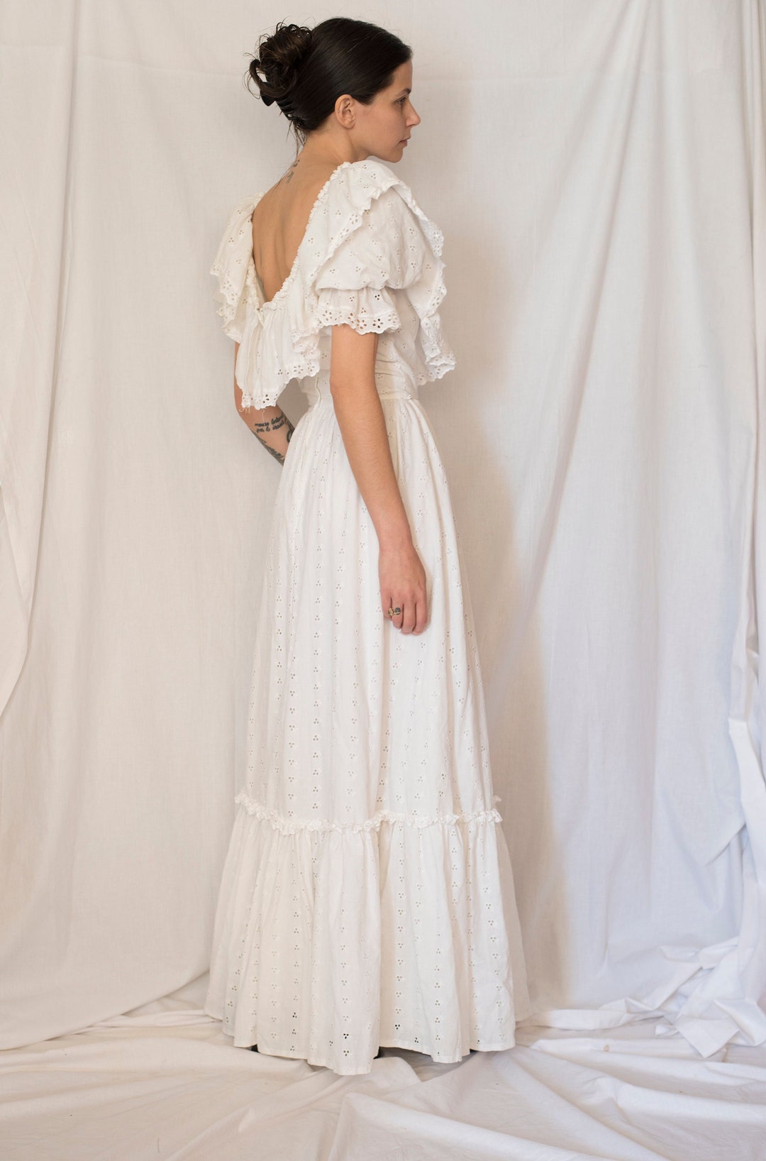 1970s Broderie Anglaise Puff Sleeves & Ruffle Cape Collar Maxi Dress in ...