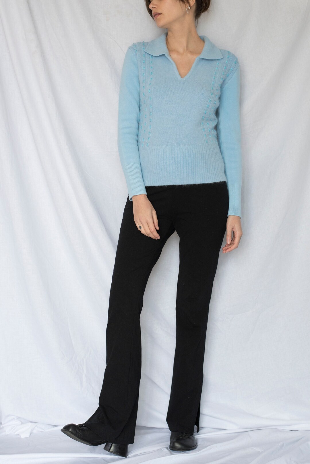 1990s Baby Blue Angora and Merino Wool Collared Sweater With Sequins ...