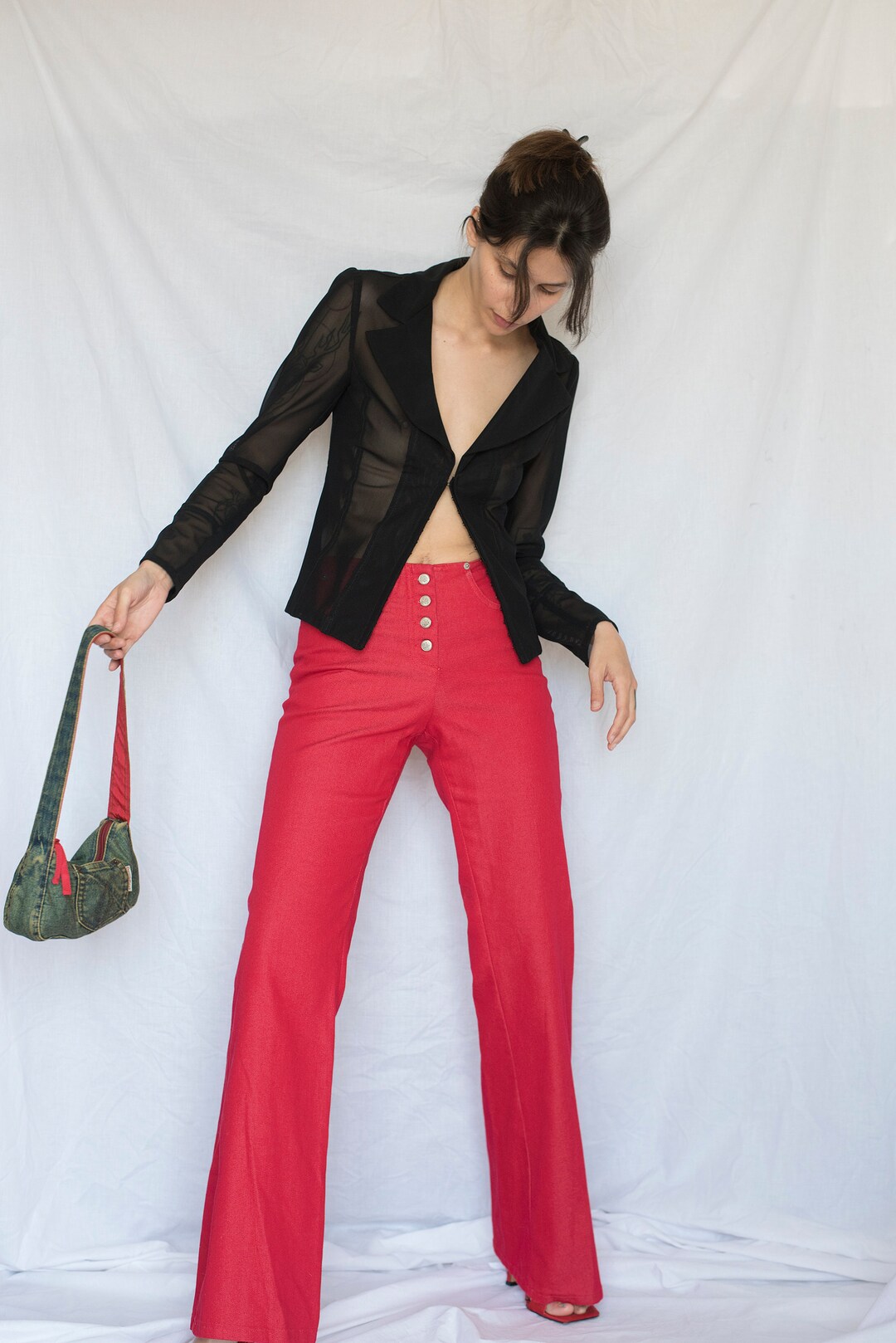 Y2K Wide Leg Button Fly Jeans in Red - Etsy