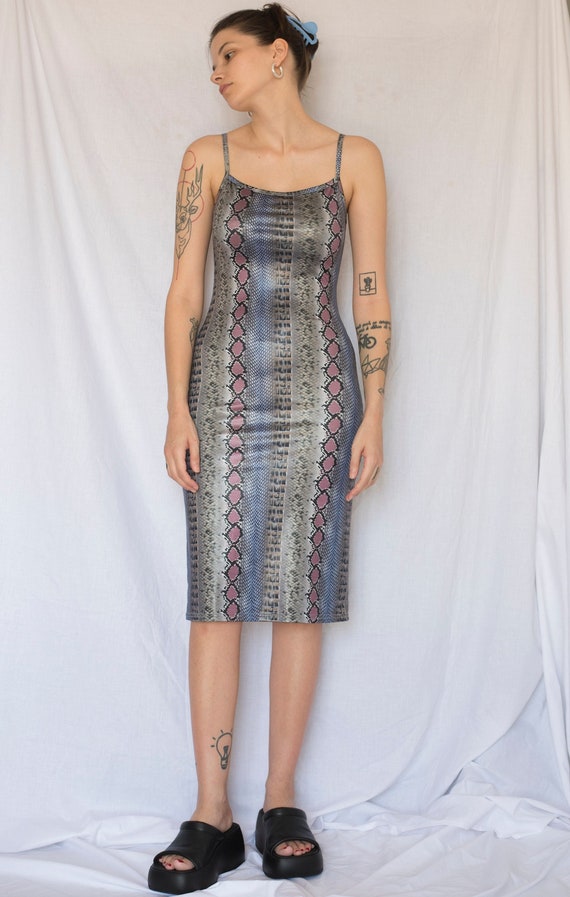 1990s Shiny Snake Printed Bodycon Midi Dress in Purple - Gem