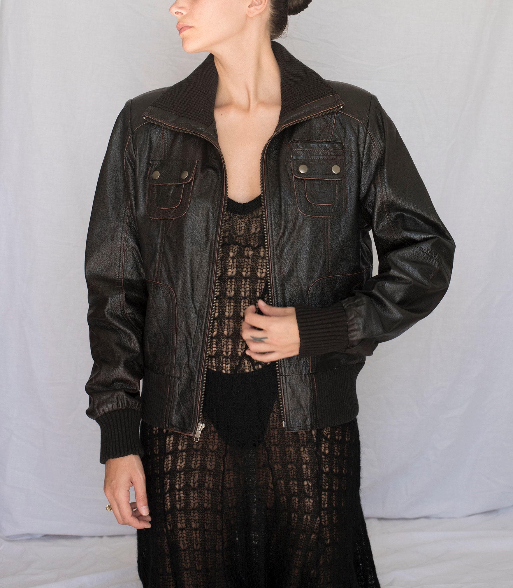 1990s Leather Bomber Jacket in Black - Brown - Etsy
