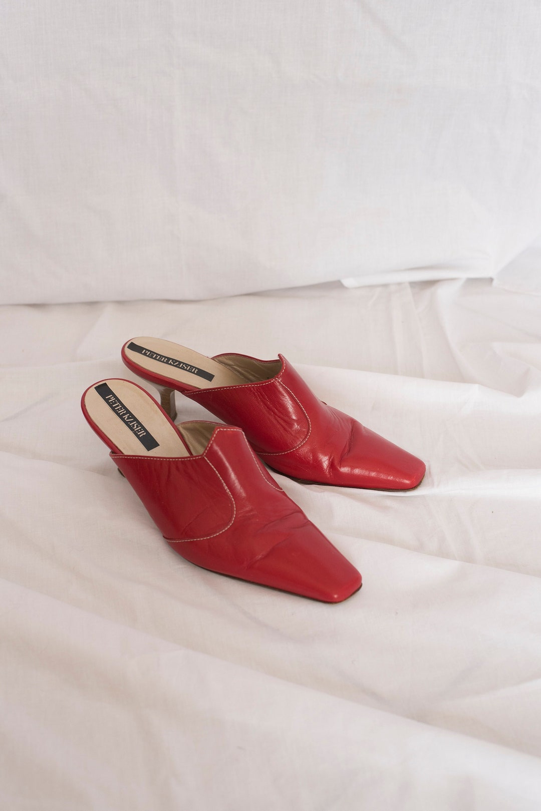 Y2K Leather Mules With Kitten Heel in Red - Etsy