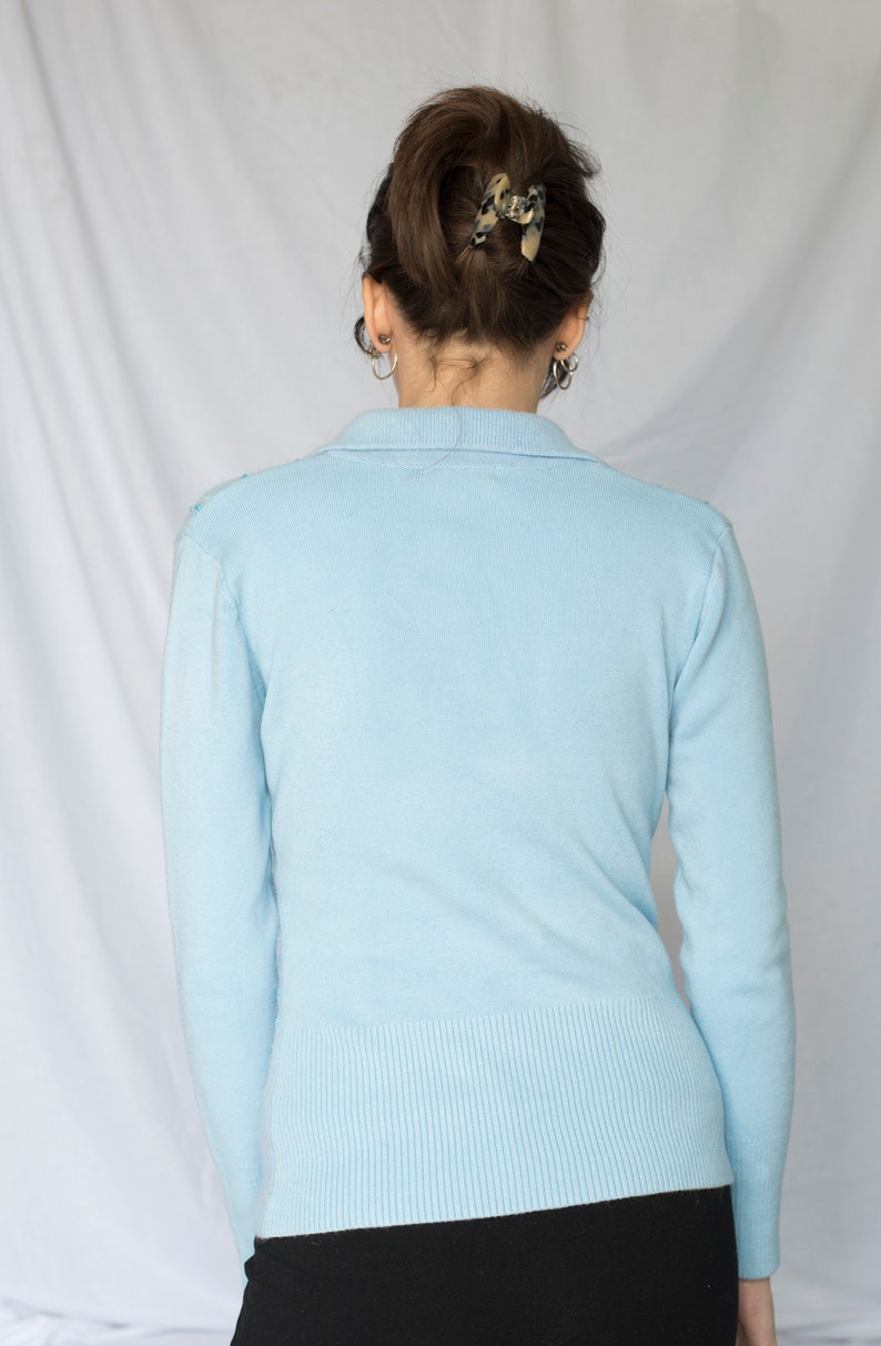 1990s Baby Blue Angora and Merino Wool Collared Sweater With Sequins ...