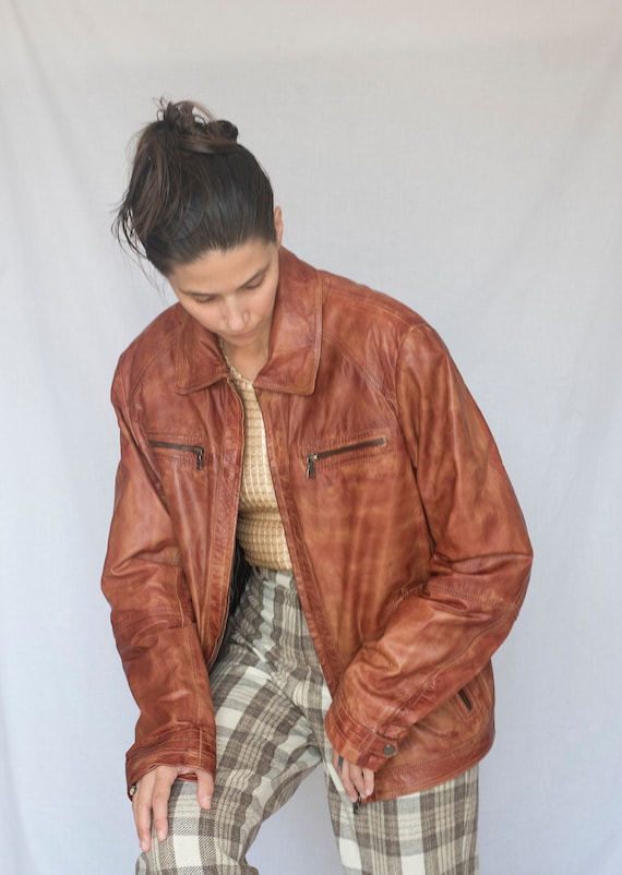 1990s Distressed Leather Oversized Jacket in Tan - Gem
