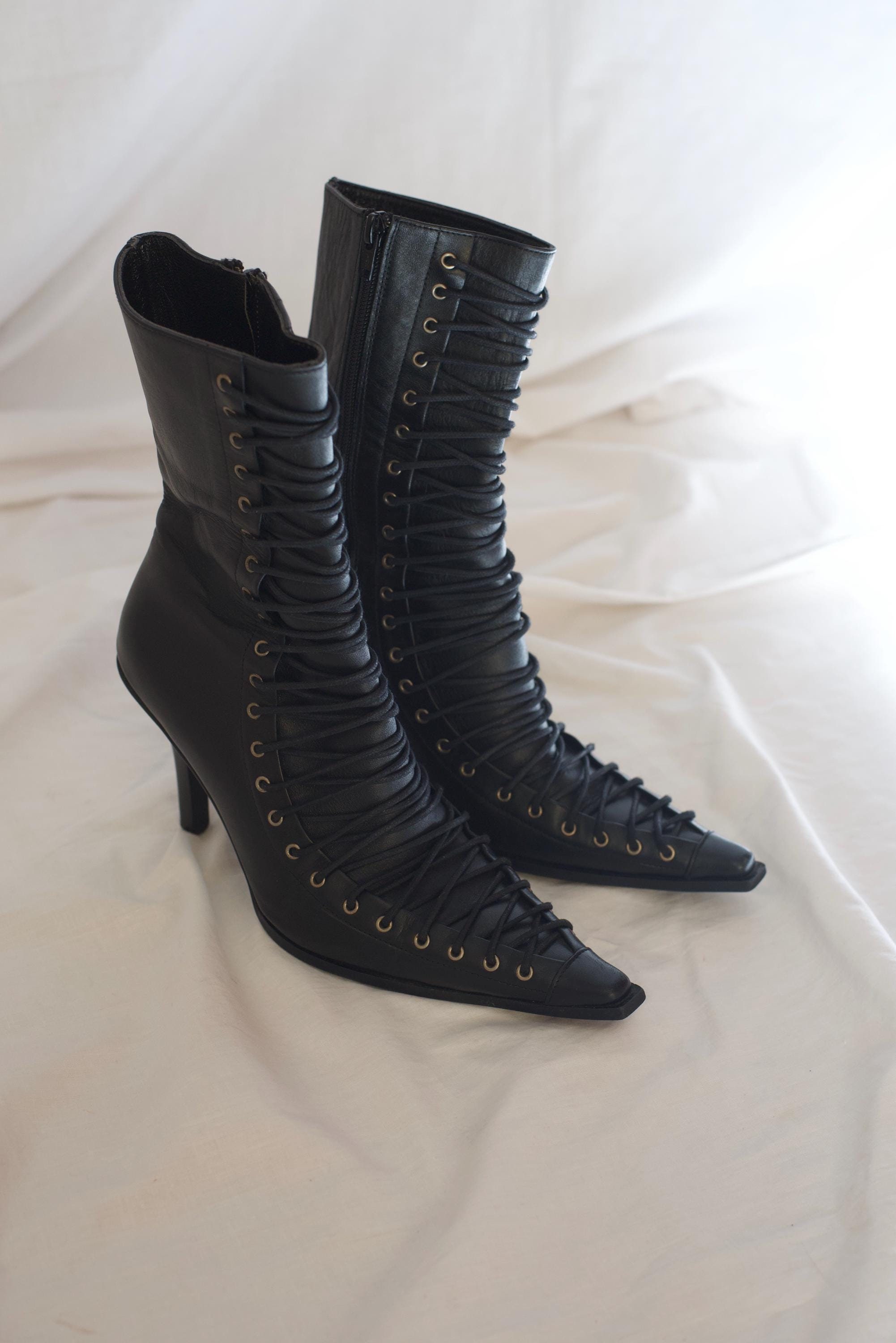 Y2K Leather Lace up Ankle Boots in Black - Etsy