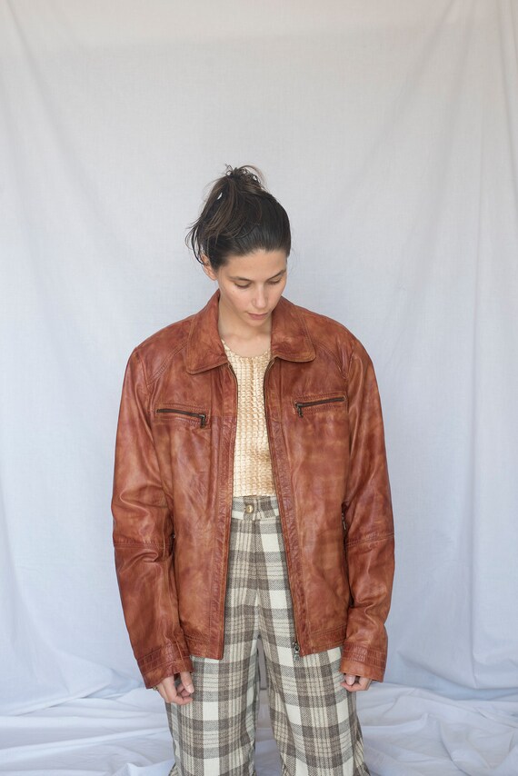 1990s Distressed Leather Oversized Jacket in Tan - Gem