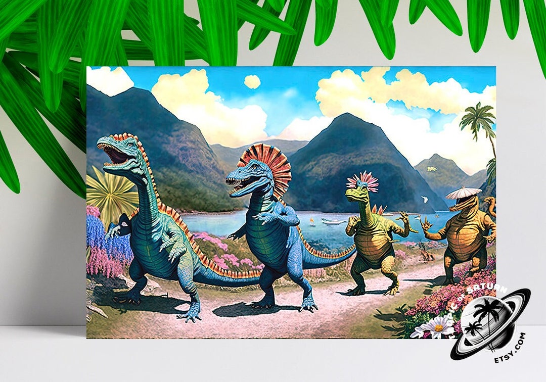 Rainbow Dinosaurs Dancing, Vibrant Wall Art Tropical Vibes, Kids Beach ...