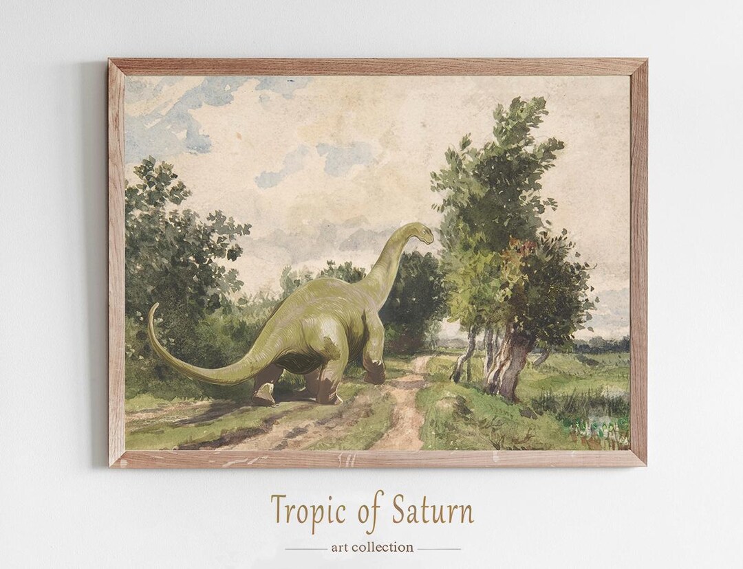 Dinosaur Print Brontosaurus Vintage Greenery Watercolor Landscape ...