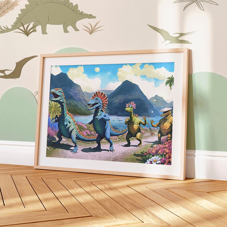 Rainbow Dinosaurs Dancing, Vibrant Wall Art Tropical Vibes, Kids Beach ...