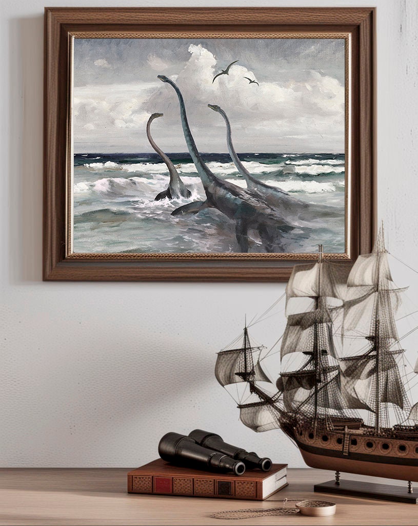 Thrifted Seascape Dinosaur Antique Nautical Sea Art Print Blue ...