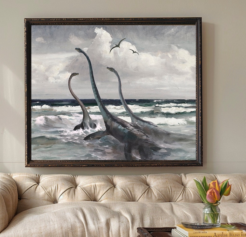 Thrifted Seascape Dinosaur Antique Nautical Sea Art Print Blue ...
