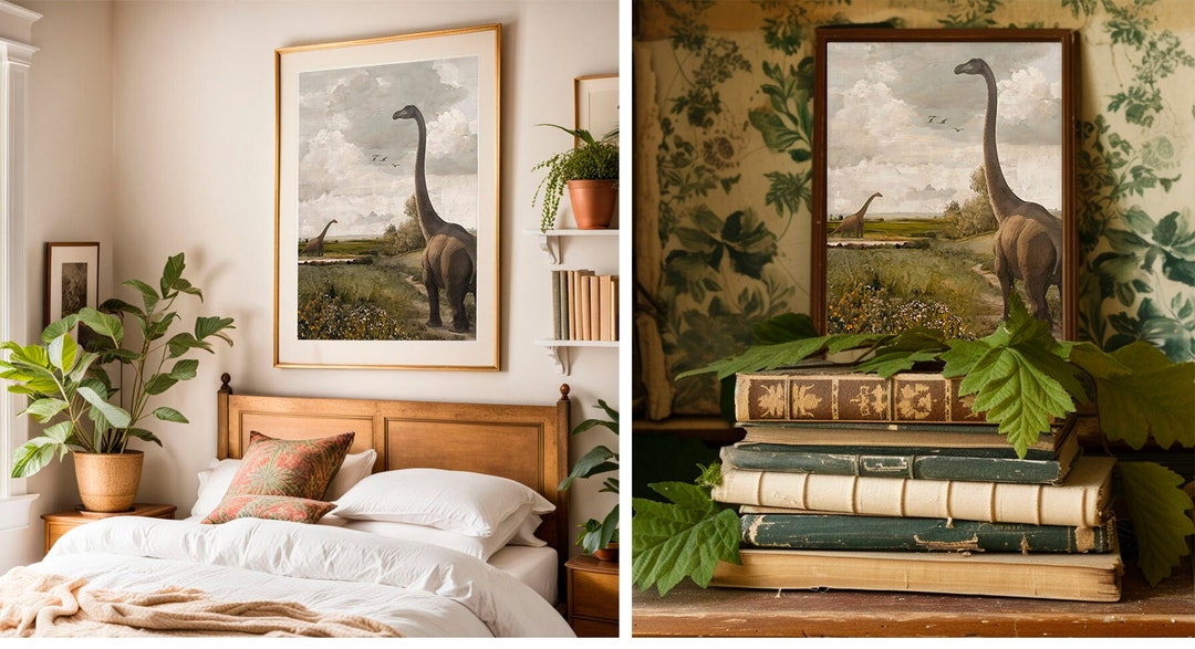 Brontosaurus Oil Painting With Neutral Vintage French Country Landscape ...