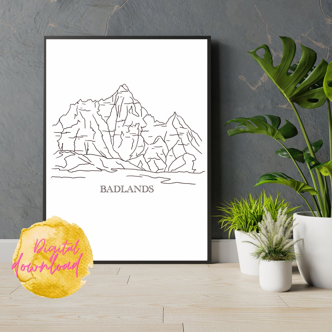 Badlands National Park Line Art Print Minimalist Black & White Drawing ...