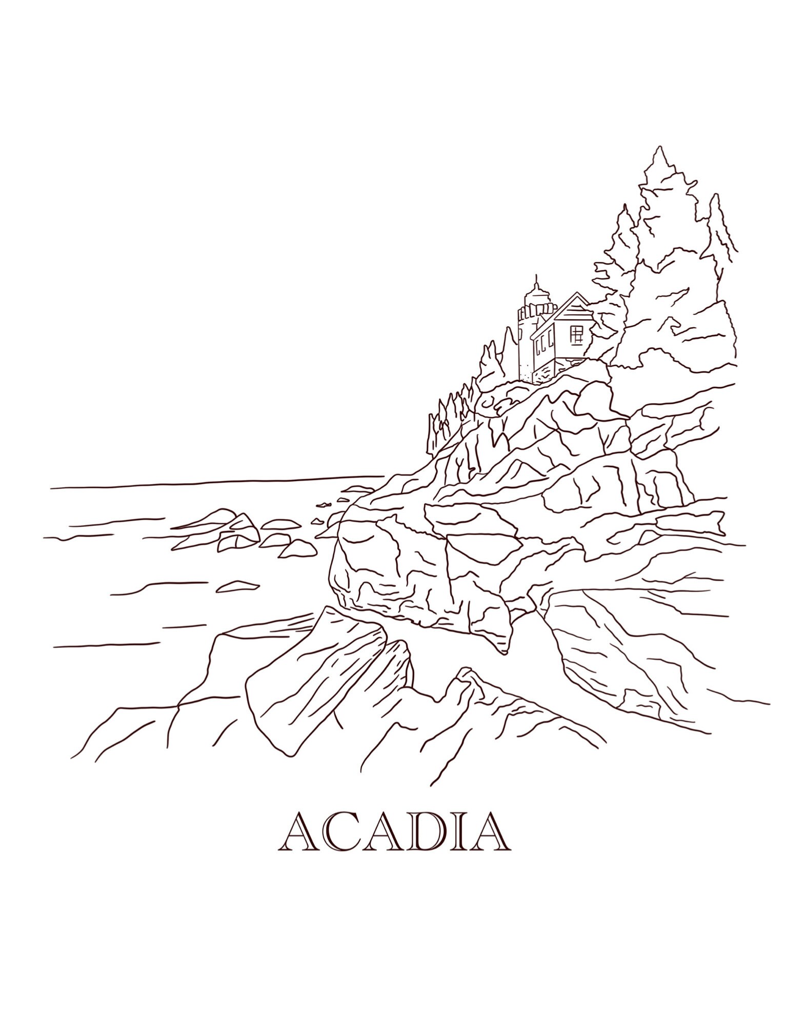 Acadia National Park Line Art Print, Minimalist Black & White Drawing ...