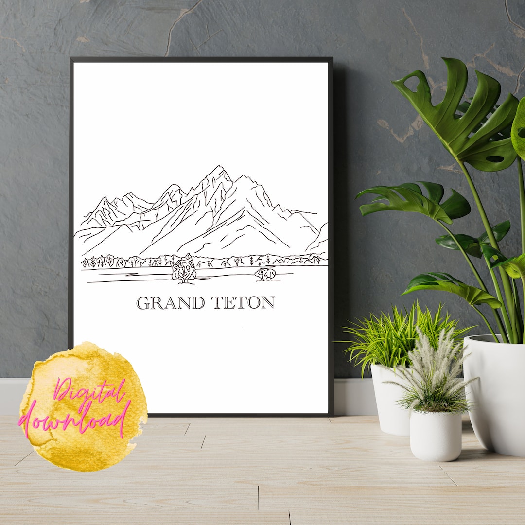 Grand Teton National Park Line Art Print, Minimalist Black & White ...