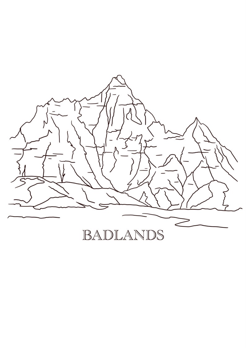 Badlands National Park Line Art Print Minimalist Black & White Drawing ...