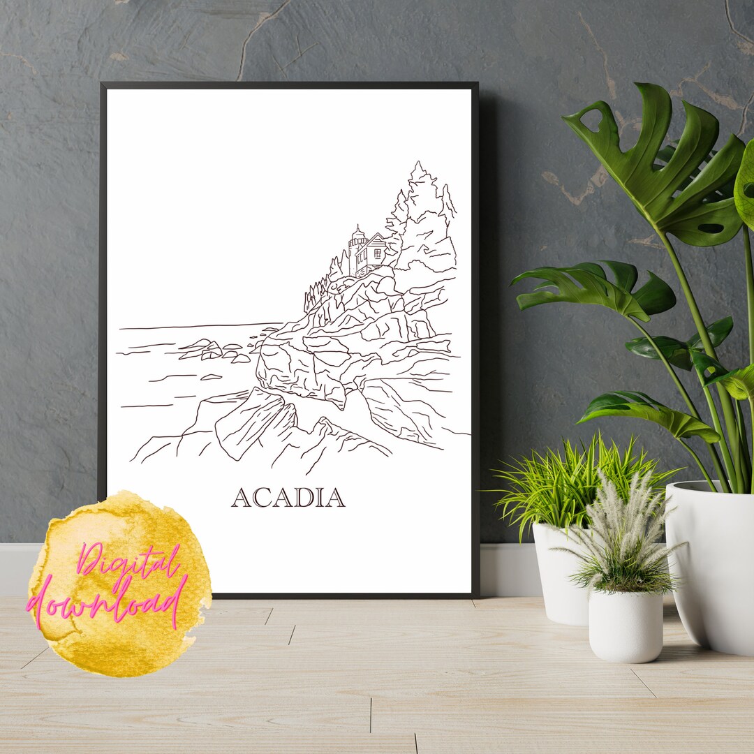 Acadia National Park Line Art Print, Minimalist Black & White Drawing ...