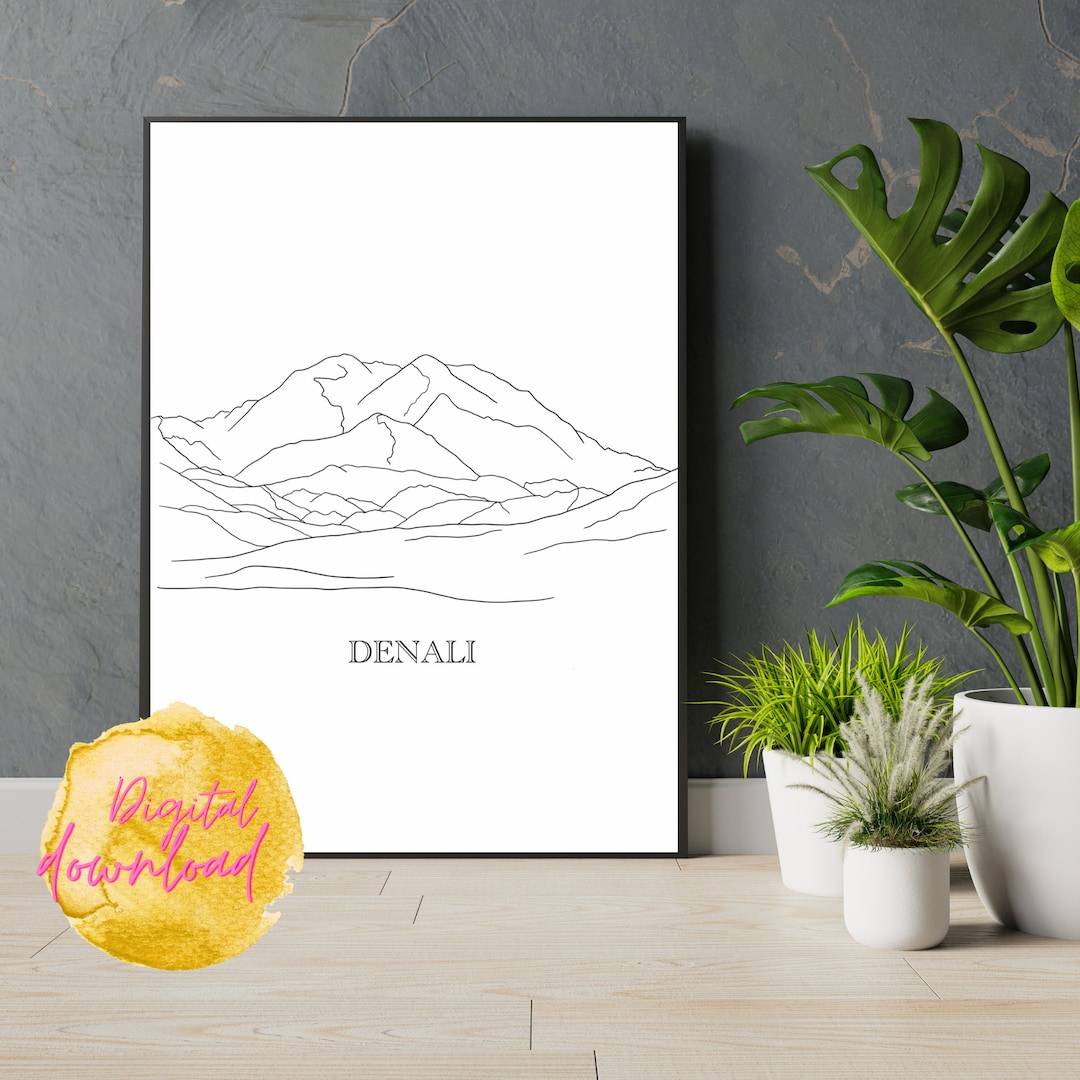 Denali National Park Line Art Print, Alaska, Minimalist Black & White ...
