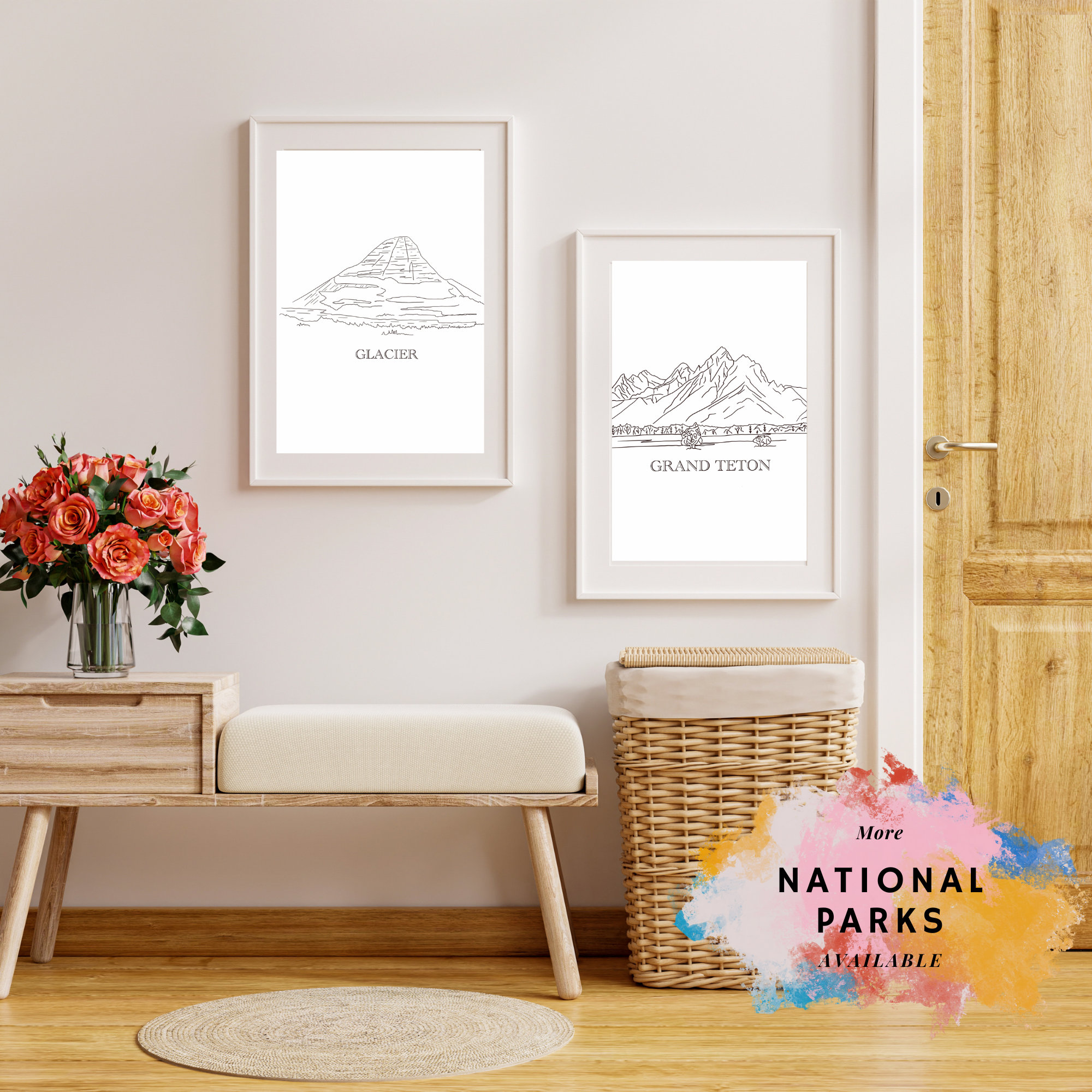 Grand Teton National Park Line Art Print, Minimalist Black & White ...