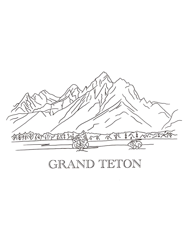 Grand Teton National Park Line Art Print, Minimalist Black & White ...