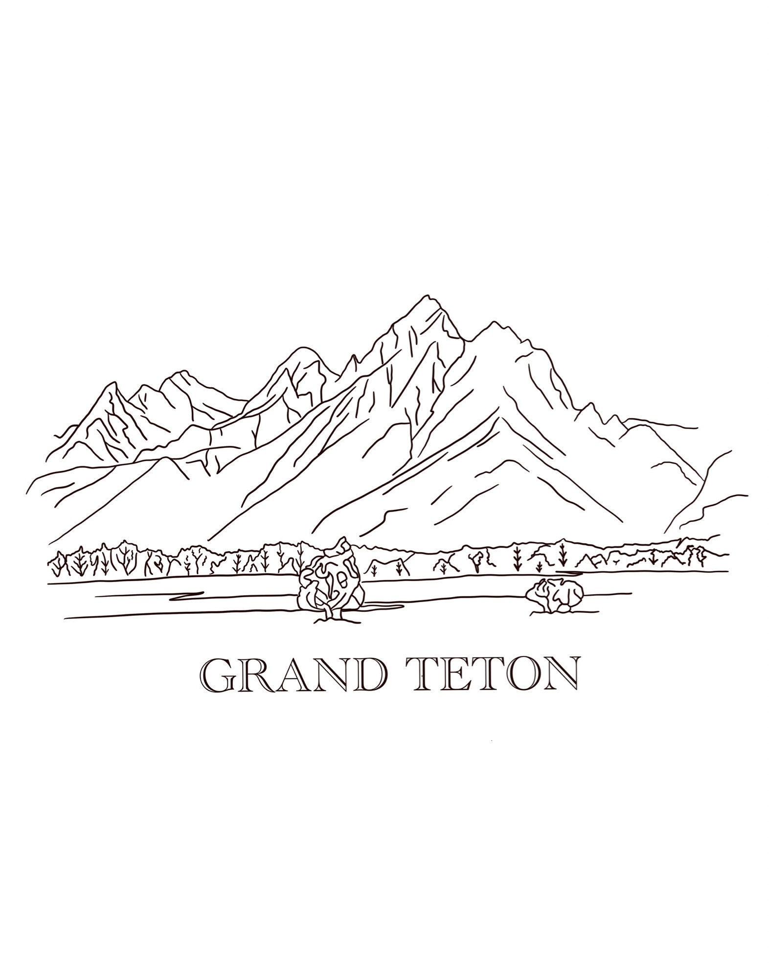 Grand Teton National Park Line Art Print, Minimalist Black & White ...