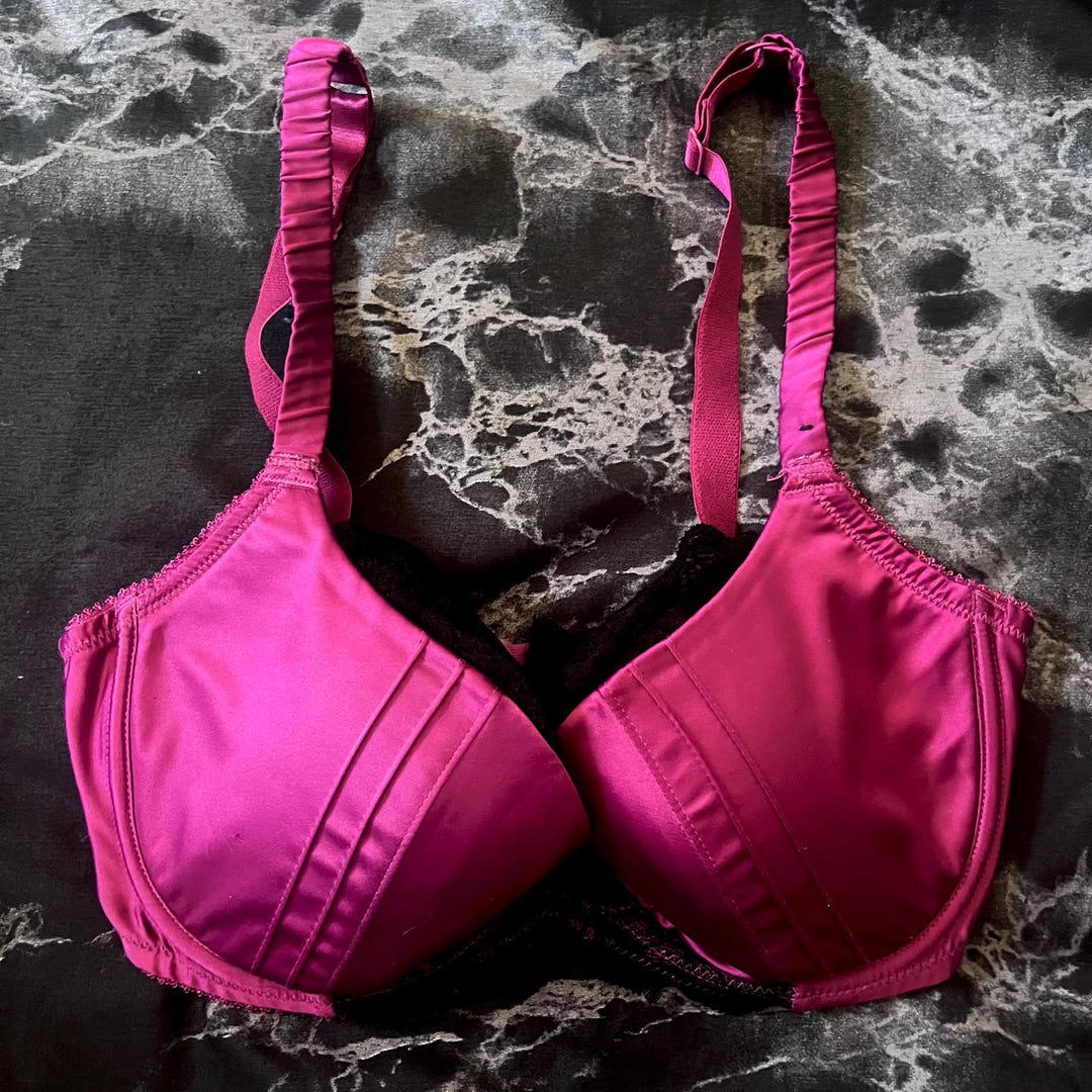 Magenta Pink Satin Lightly Padded Push up Bra With Black Lace Details ...