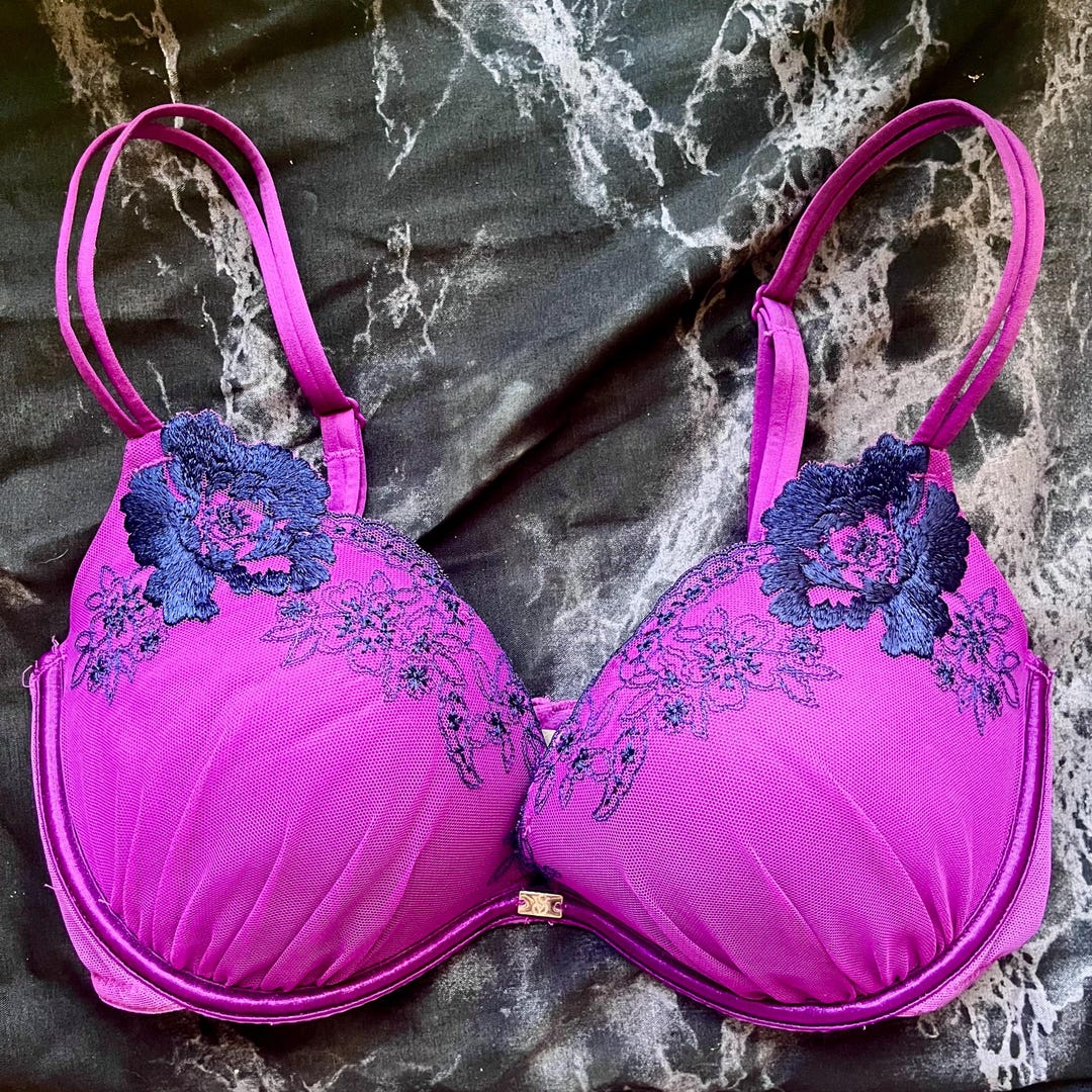 Victoria’s Secret Fuchsia Plunge Push-up Bra With Dark Blue Embroidered ...