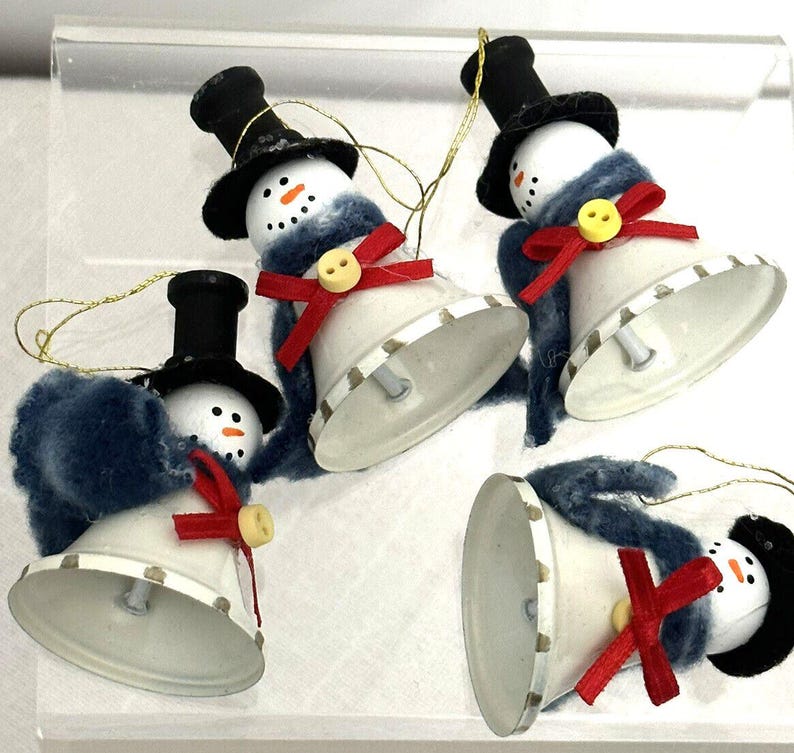 Vtg Set of 4 Metal Bell Snowmen With Top Hats & Scarves Christmas ...