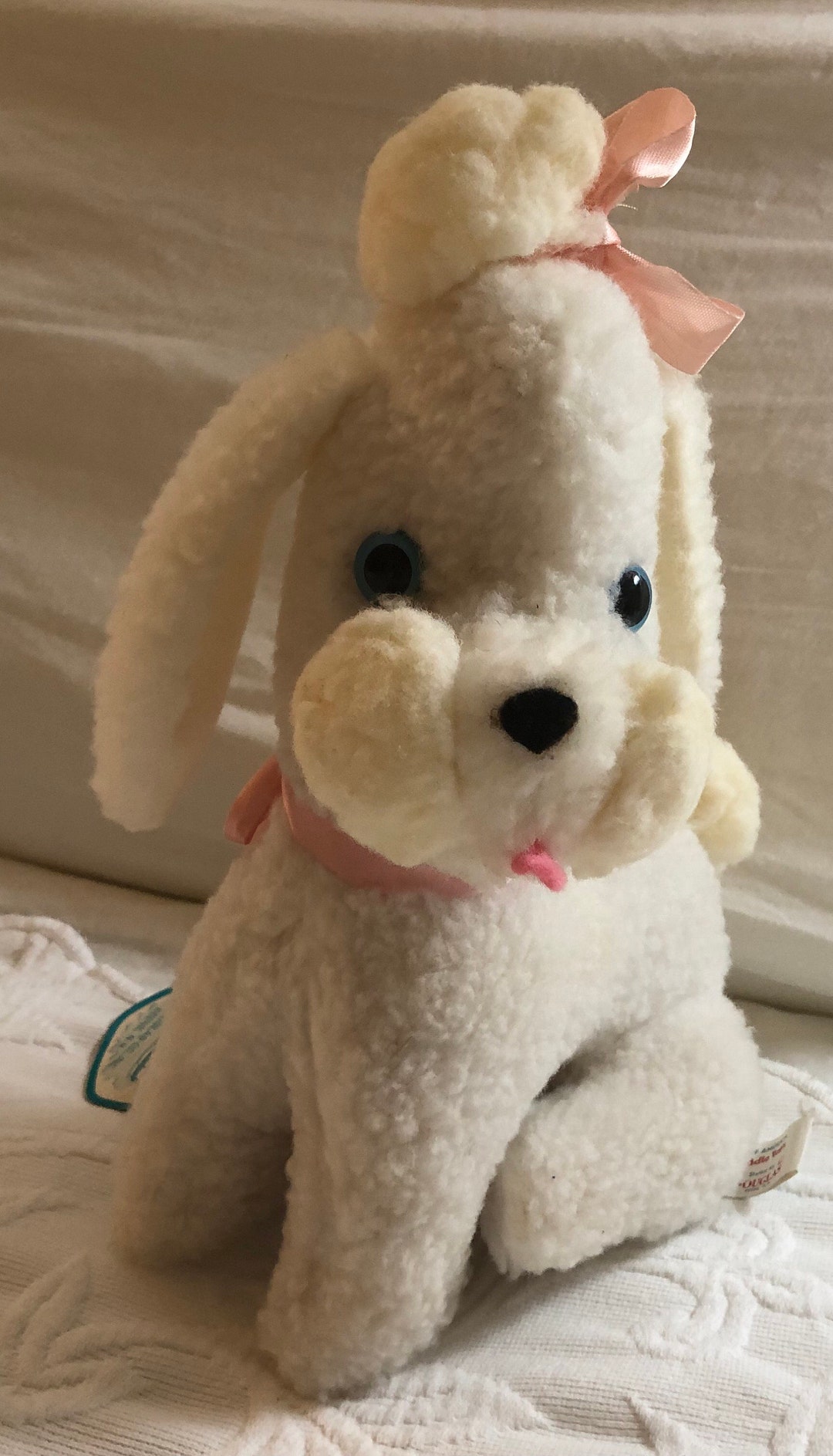 Vtg Douglas Cuddle Toys POODLE White Foam Filled 9” Plush Tubbable Blue ...