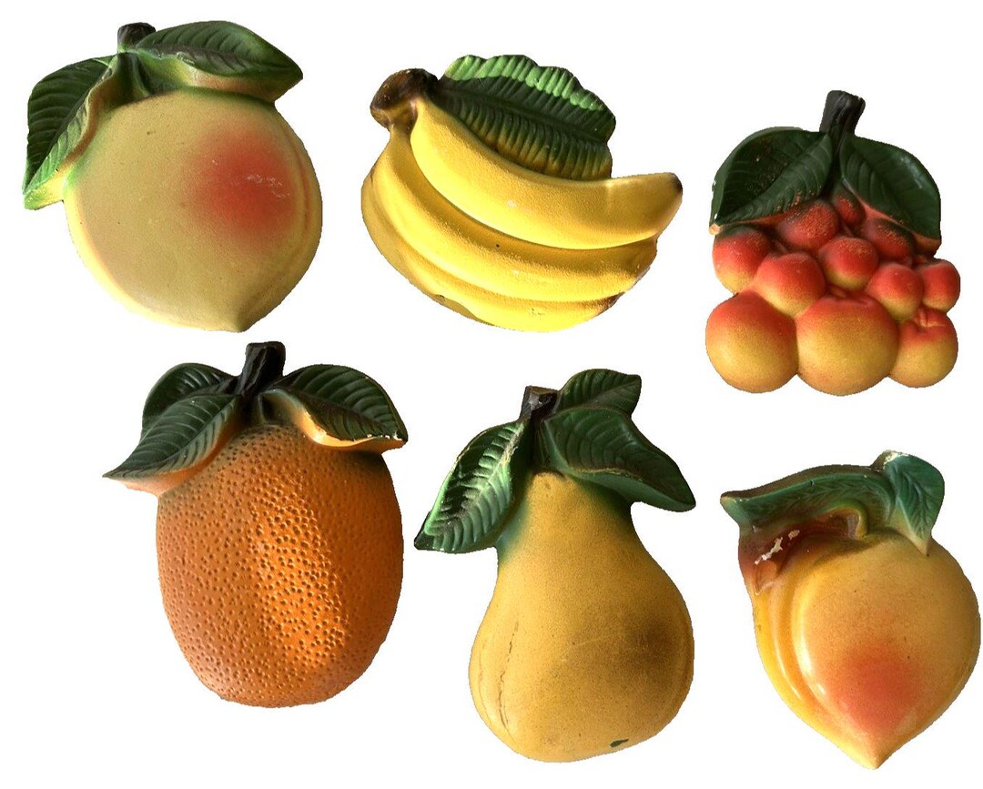 Lot 6 Vintage Chalkware Fruit Wall Plaques 1960s Cherry Peach Banana ...