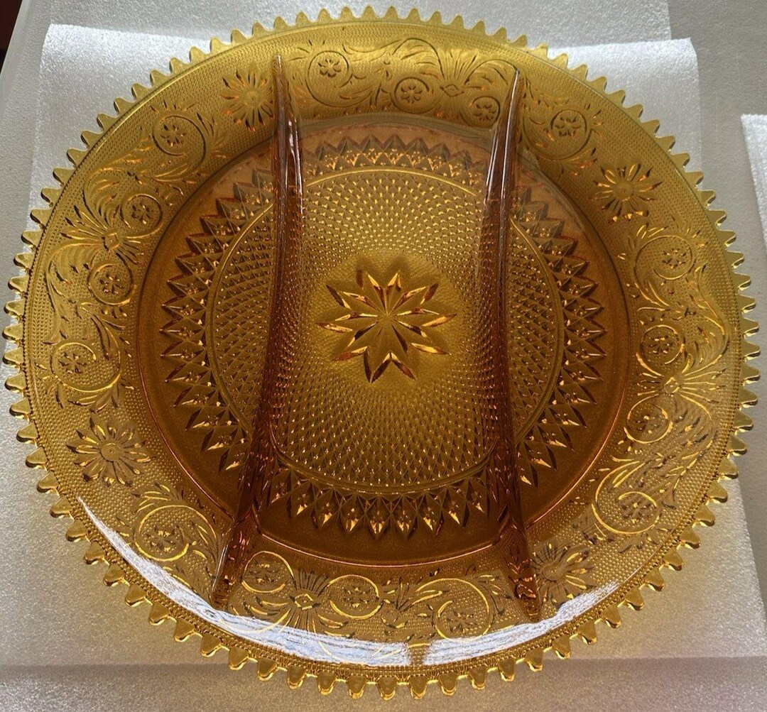 Vintage TIARA GLASS Amber Sandwich Round 3 Part Round Relish Serving ...