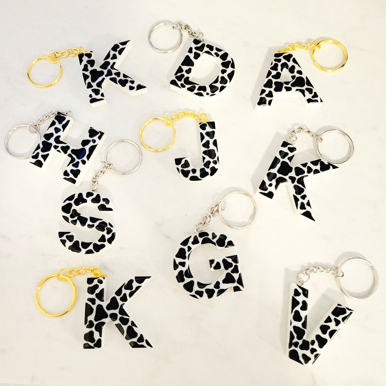 Cow Print Letter Keychain L Resin Keychain L Animal Print L - Etsy