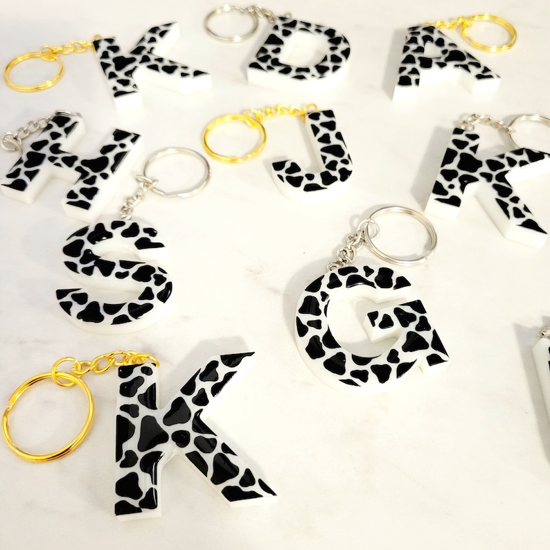 Cow Print Letter Keychain L Resin Keychain L Animal Print L - Etsy