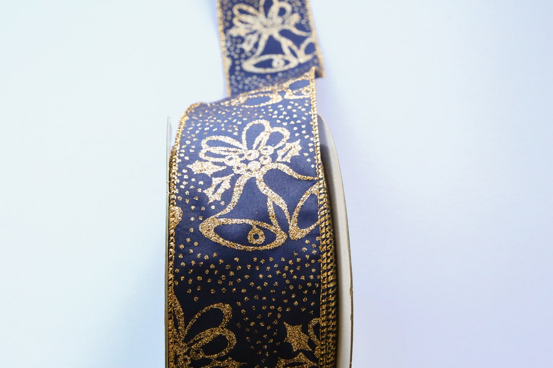 Wire Edged Ribbon 63mm Wide, Blue and Gold Ribbon, Craft Ribbon, Golden ...