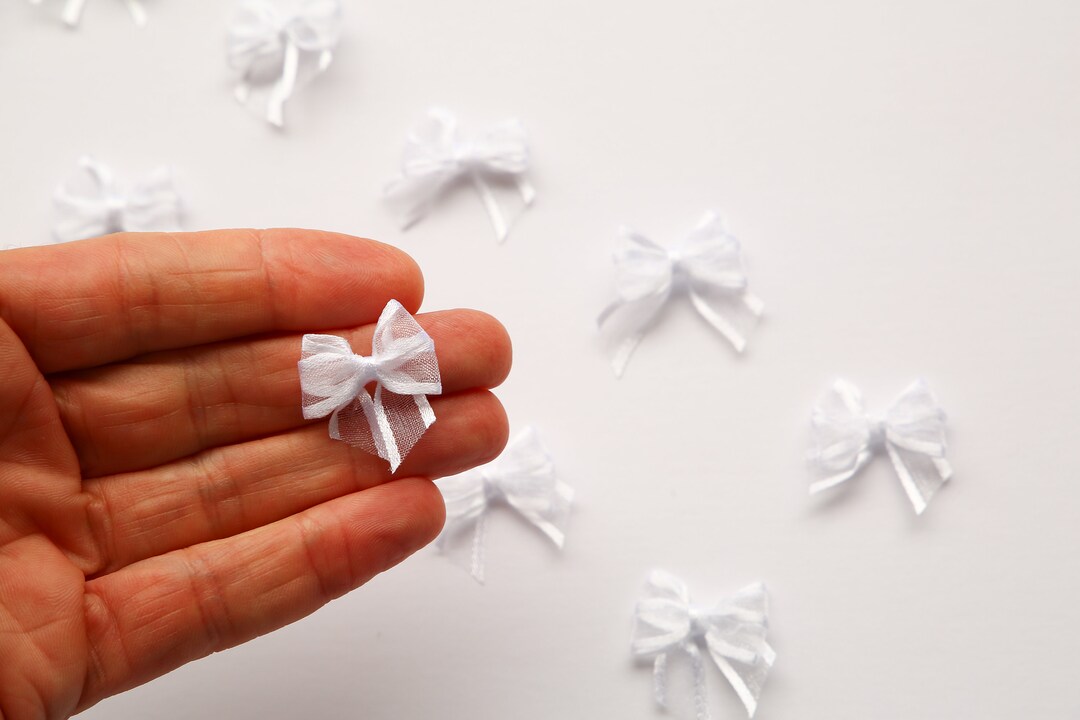 10 X Small Organza Ribbon Bows - Craft Bows, Little Bows, White Organza ...