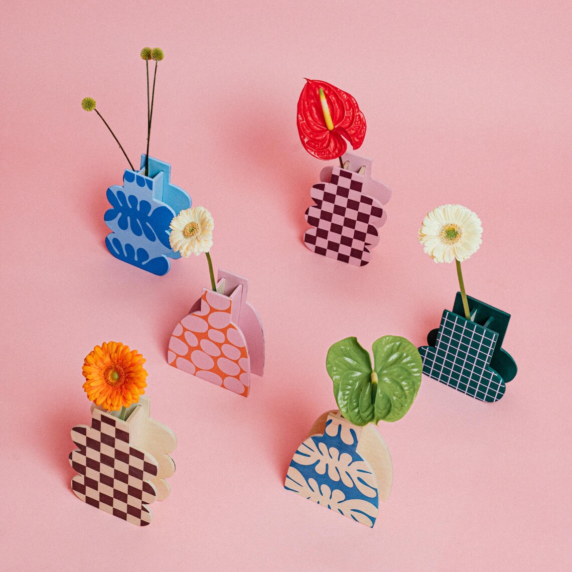 Geometric Patterned Wooden Vase in Blue Colour, Handmade Accessories ...