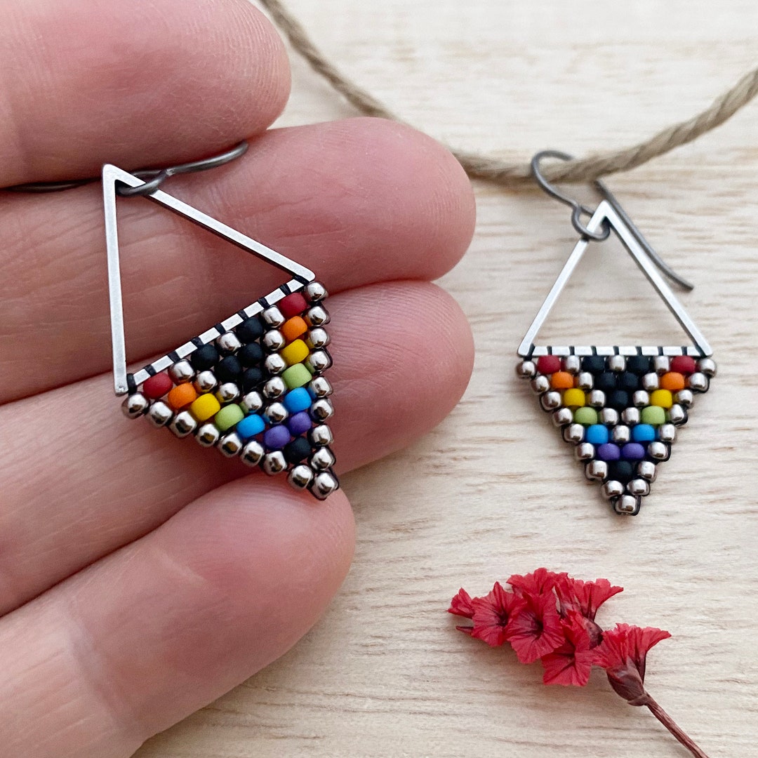 Rainbow & Steel Petite Triangle Bead Earrings - Etsy